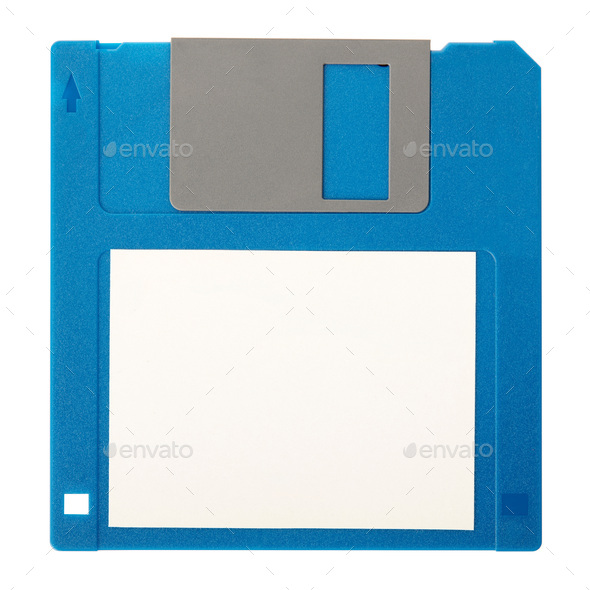Blue floppy disk with blank label isolated on white background ...