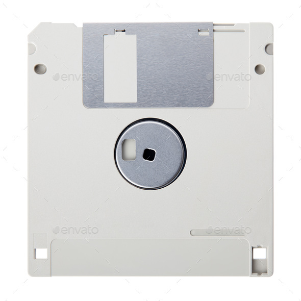 Grey floppy disk back with blank label isolated on white background ...