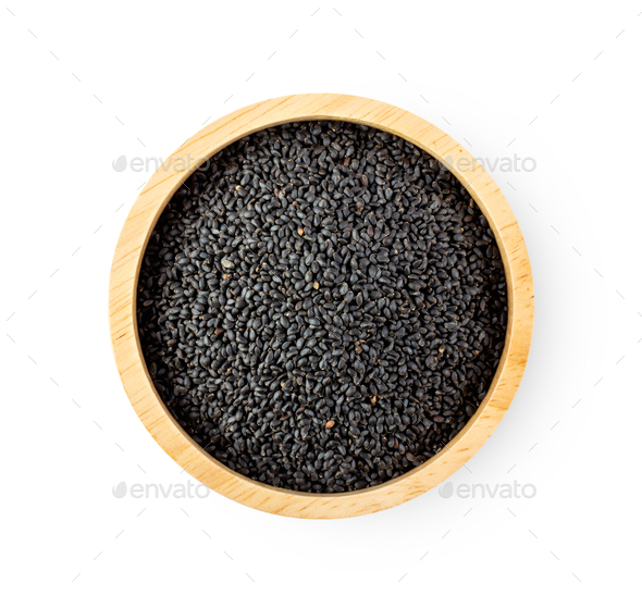 sesame in wood bowl isolated on white background. top view Stock Photo ...