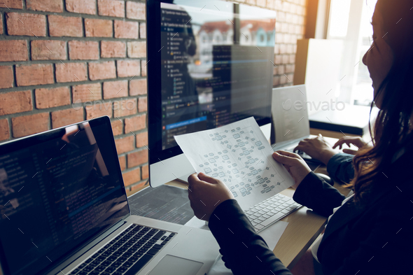 Two software developers are using computers to work together with their ...