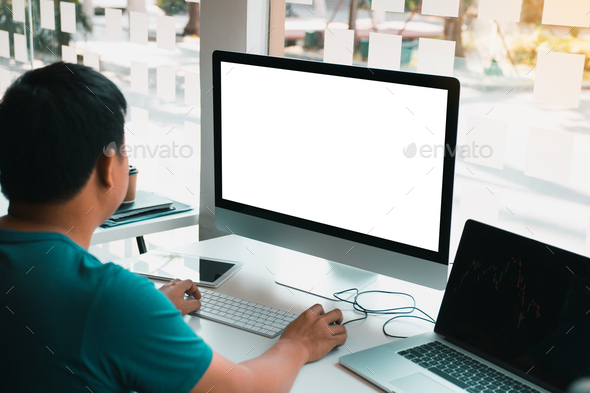 Man using computer blank screen in the modern office. Stock Photo by ...