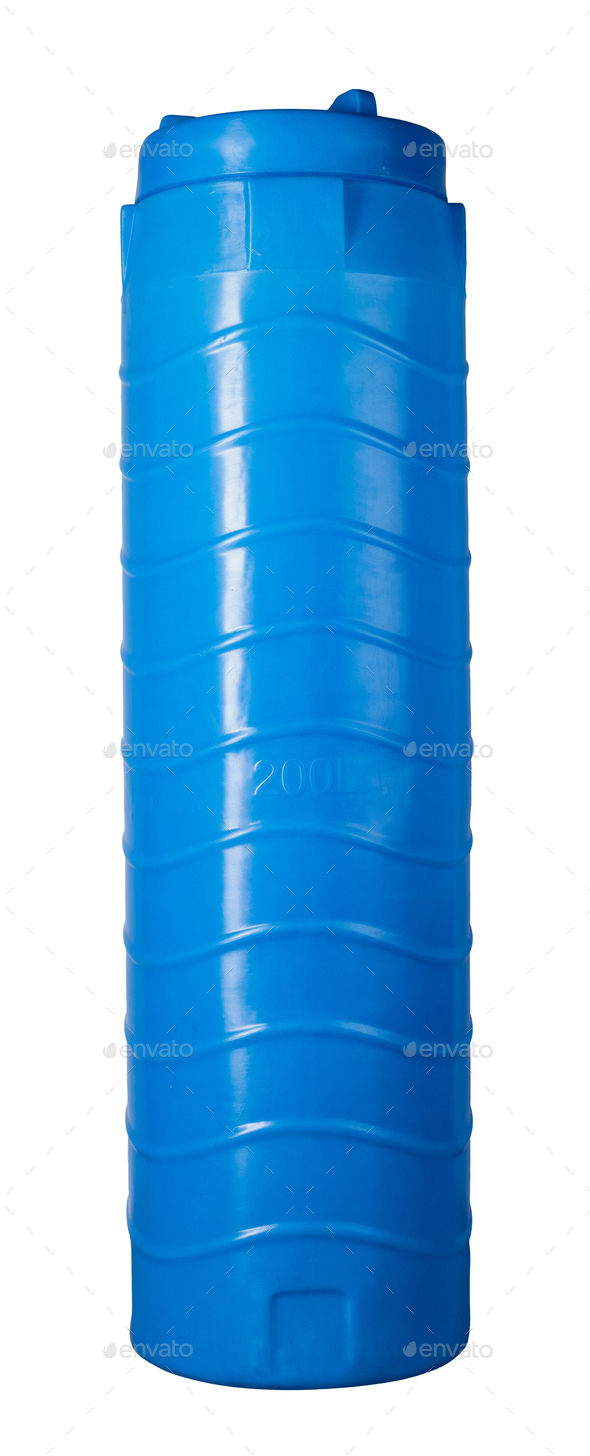 Blue plastic water tank isolated on white Stock Photo by FabrikaPhoto