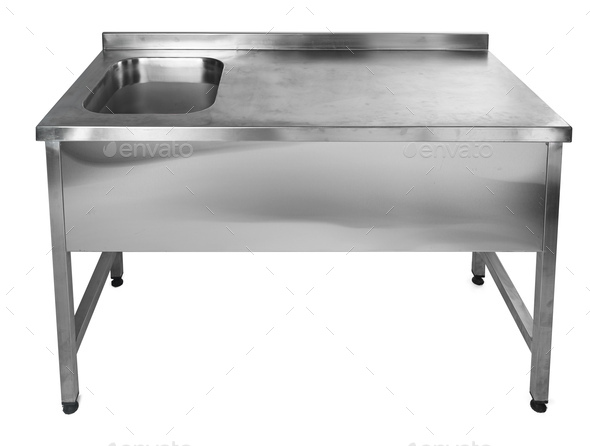 Metal industrial kitchen table for food preparation isolated on white ...