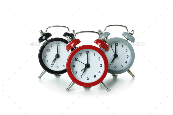 Three alarm clocks isolated on white background Stock Photo by ...