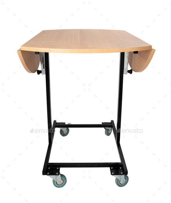 Wooden table on wheels isolated on white Stock Photo by FabrikaPhoto