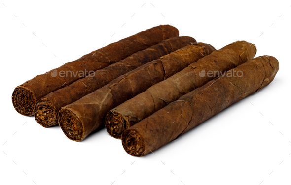Bunch of hand rolled cigars isolated on white Stock Photo by FabrikaPhoto