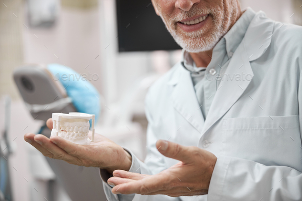 Smiley dental technician holding a plaster mold of jaws Stock Photo by ...