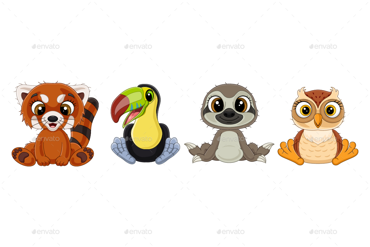 Set of Twelve Cartoon Little Animal Collection, Vectors | GraphicRiver