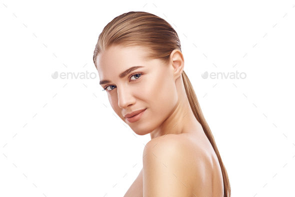 Beautiful womans face left side close-up studio on white. Stock Photo ...