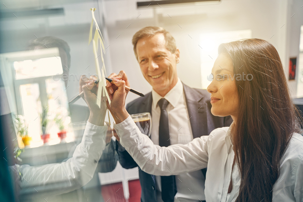 Positive delighted brunette assistant drawing scheme on board Stock ...