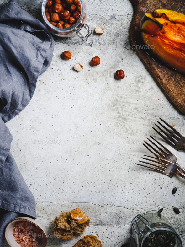 Food frame background with seasonal fall products. Stock Photo by Edalin