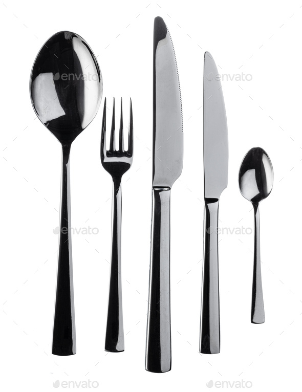 Set of silverware isolated on white background Stock Photo by FabrikaPhoto