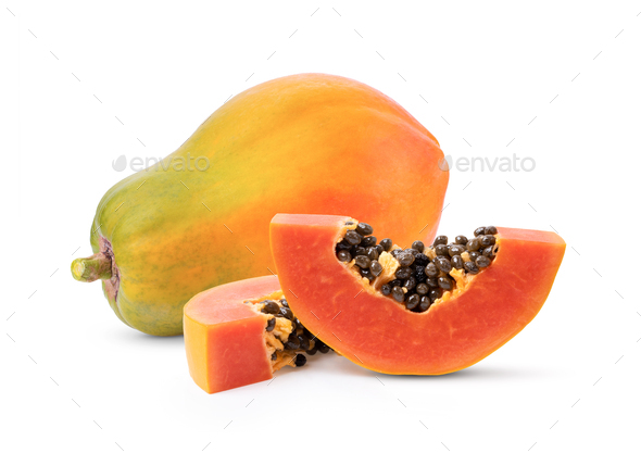 whole and half of ripe papaya fruit with seeds isolated on white ...