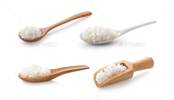 cooked rice in spoon on isolated white background Stock Photo by spamas