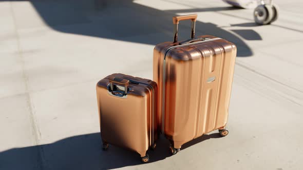 Preparing for a private flight. Jet. Luggage. Exclusive. Runway. Blue ...