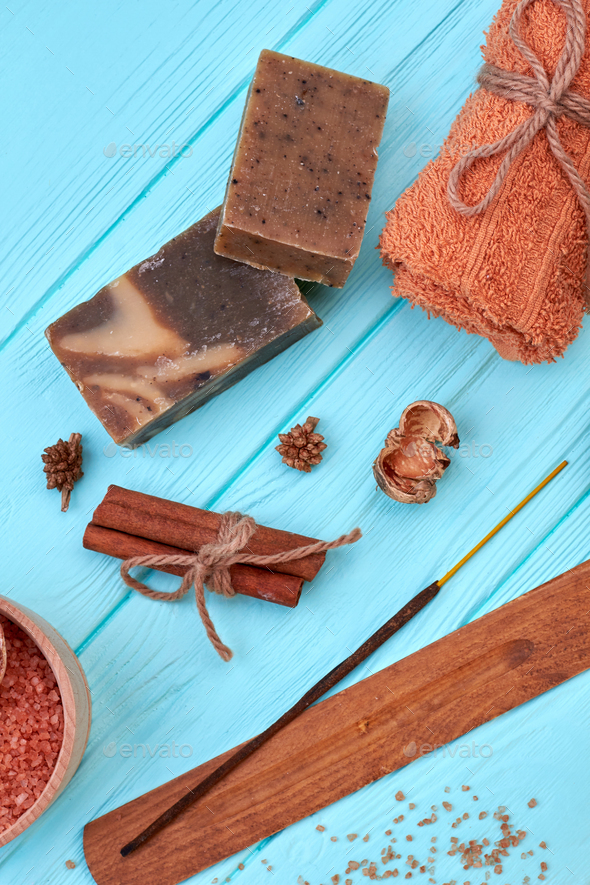 Aromatic spa items on blue wood vertical shot. Stock Photo by ...