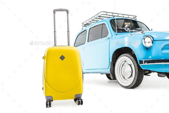blue retro car with luggage isolated on white Stock Photo by ...