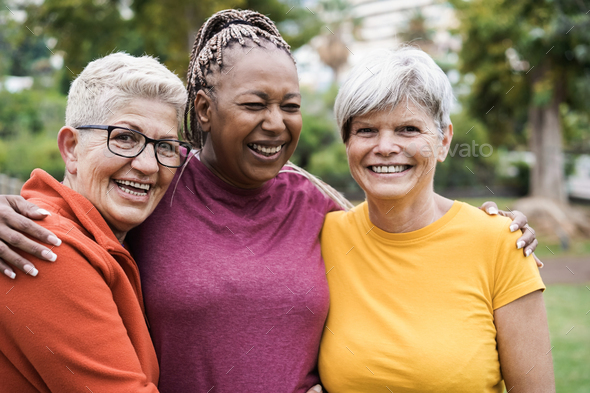 Multiracial senior women having fun together after sport workout ...