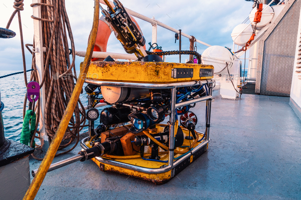 Remote operated vehicle mini ROV on deck of offshore vessel Stock Photo ...