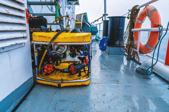 Remote operated vehicle mini ROV on deck of offshore vessel Stock Photo ...