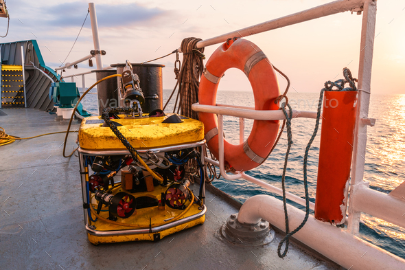 Remote operated vehicle mini ROV on deck of offshore vessel Stock Photo ...
