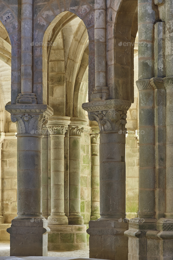 Romanesque style columns in Carboeiro monastery in Galicia, Spain Stock ...