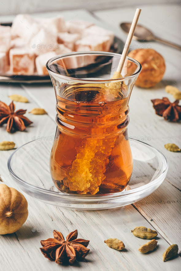 Tea in armudu glass with turkish delight Rahat Lokum, different spices ...