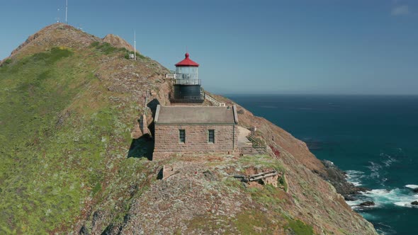 Aerial Close Up Overlook of the Historical Building of Lighthouse with ...