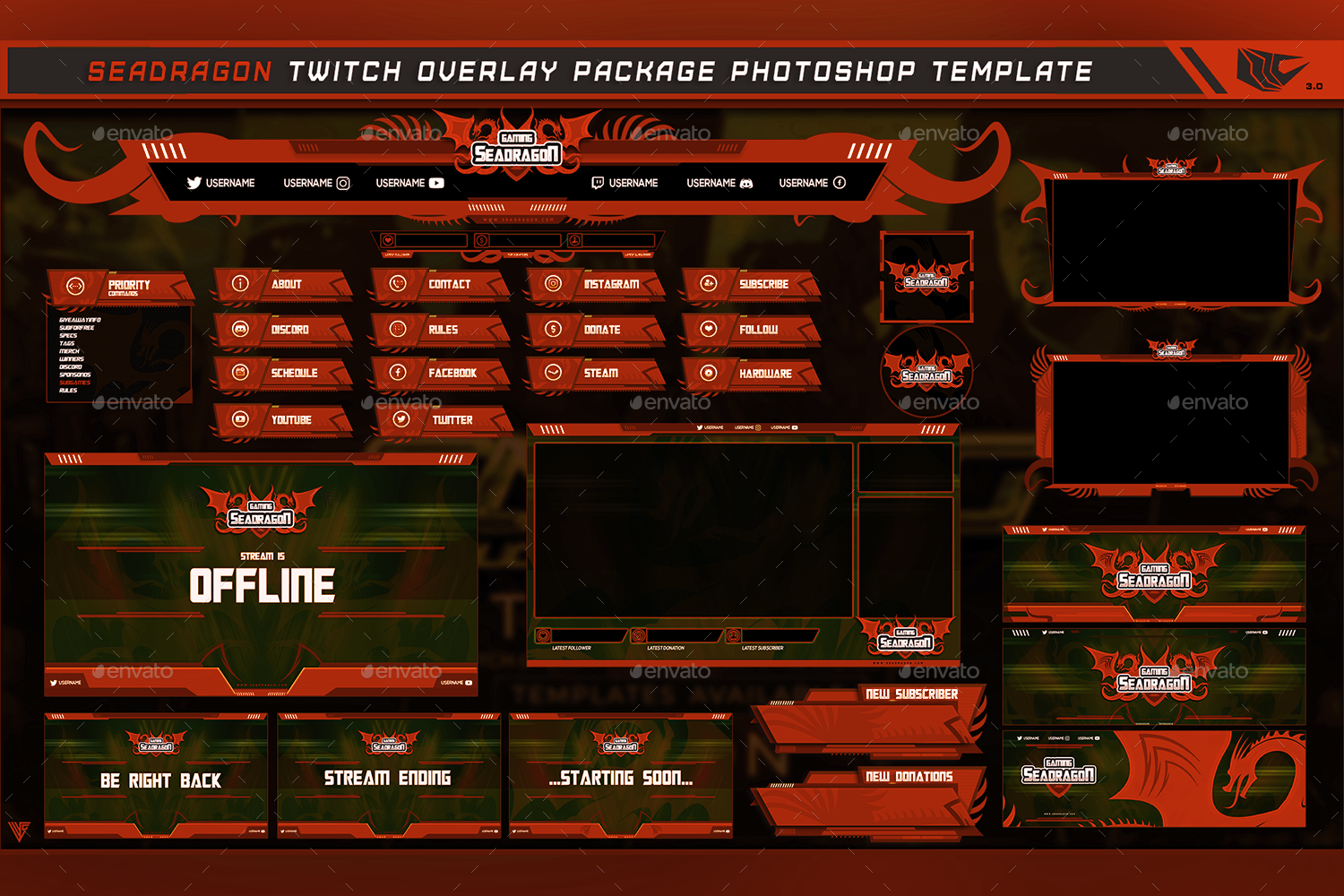 Twitch Overlay Live Stream Photoshop Template Bundle 1, Web Elements