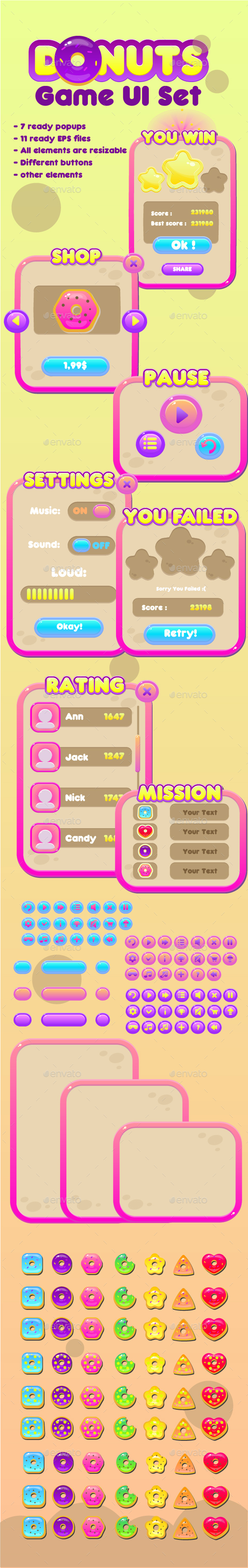 Pink Game UI Donuts, Game Assets | GraphicRiver