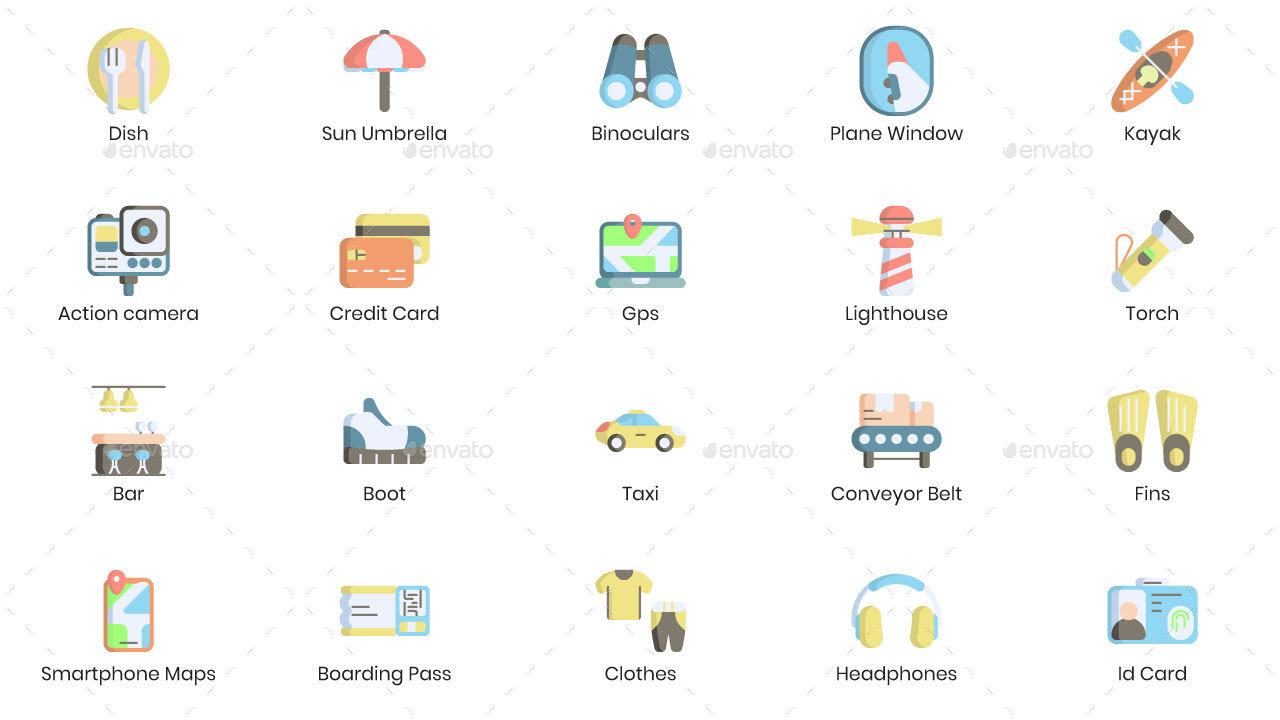 Travel and Tourism Flat Icons, Icons | GraphicRiver