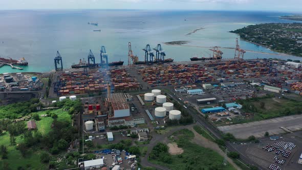 Aerial View Port Louis Mauritius Island Container Port, Stock Footage