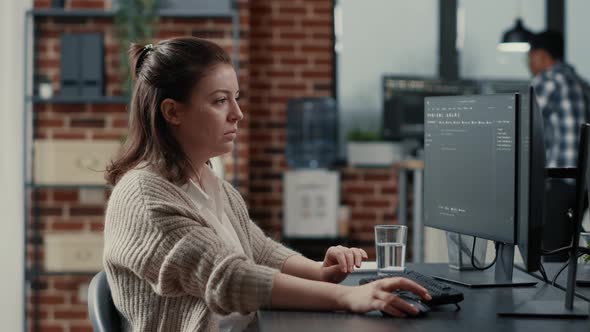 Programer Typing Source Code On Computer Keyboard Turning Head And Smiling Stock Footage