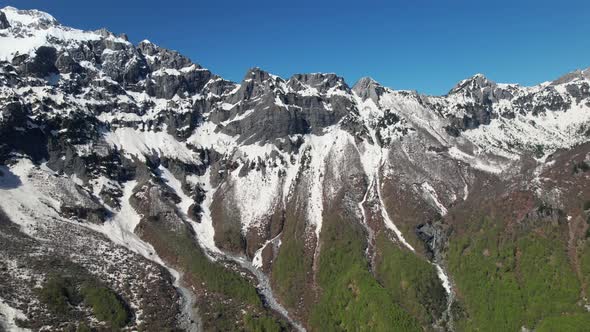 High mountains in Albanian Alps covered in white snow with blue sky ...
