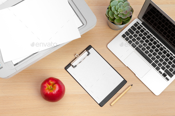 Printer and computer. Office table. Top view Stock Photo by FabrikaPhoto