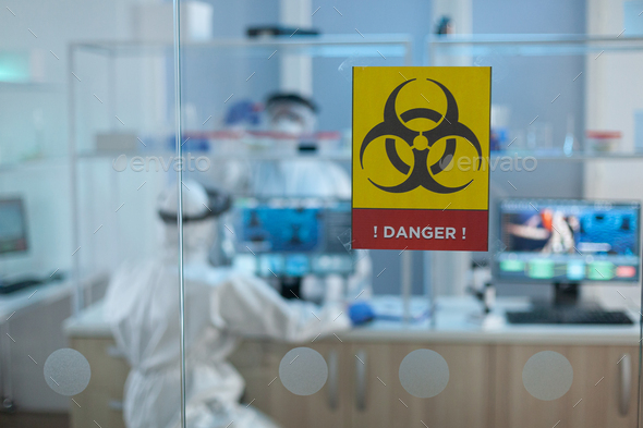 Selective focus on danger sign in microbiological hospital laboratory ...