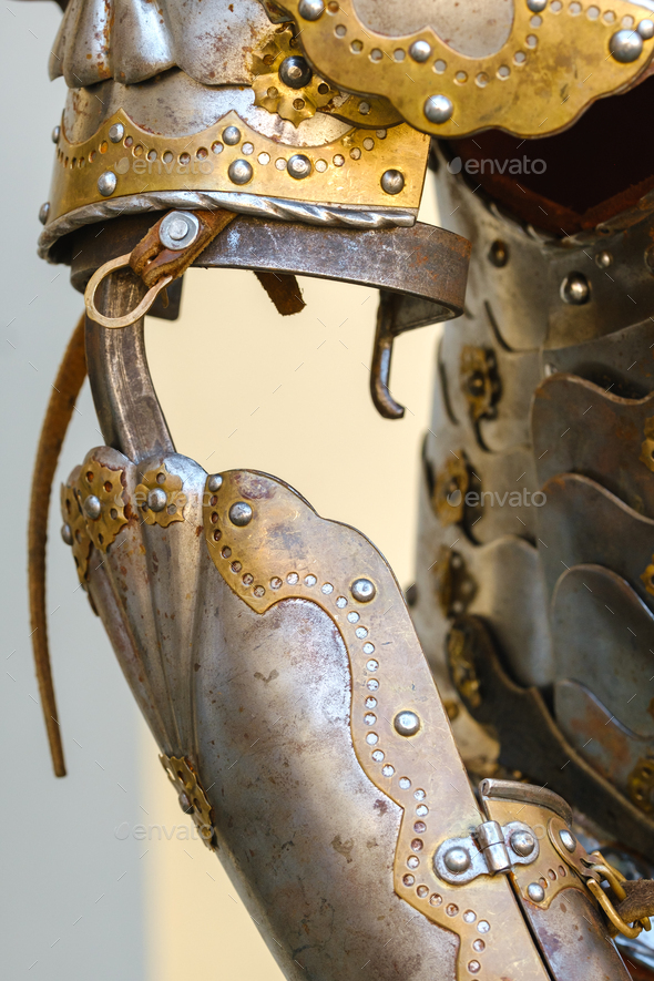 Parts of ancient knight's armor.A medieval concept.Metallic texture ...
