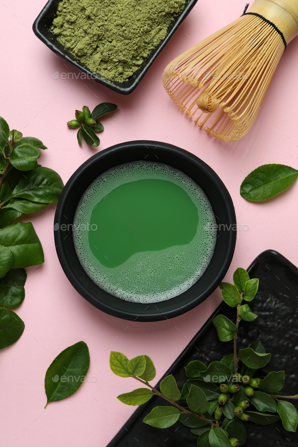 Concept of japanese tea with matcha on pink background Stock Photo by ...