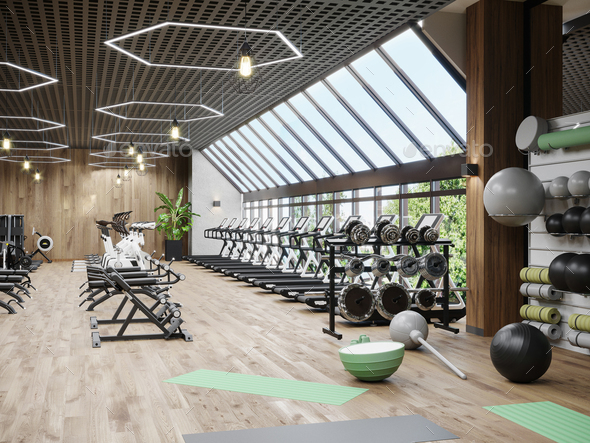 Modern gym interior with sport and fitness equipment and panoramic ...