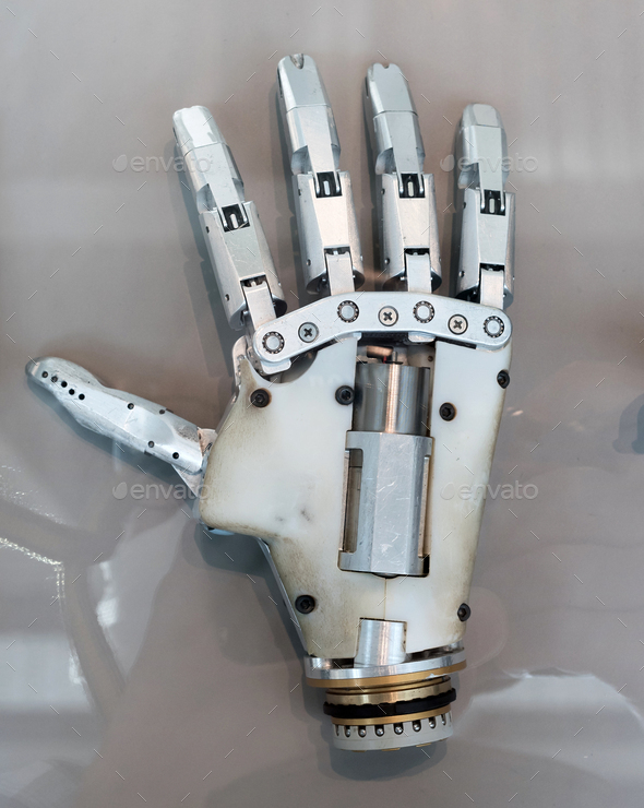 Detail of a human hand prosthesis with articulating joints Stock Photo ...