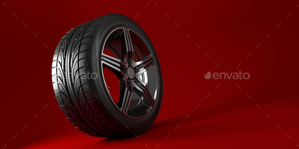 Car wheel isolated on a red background. Tyre. Poster design. 3d ...