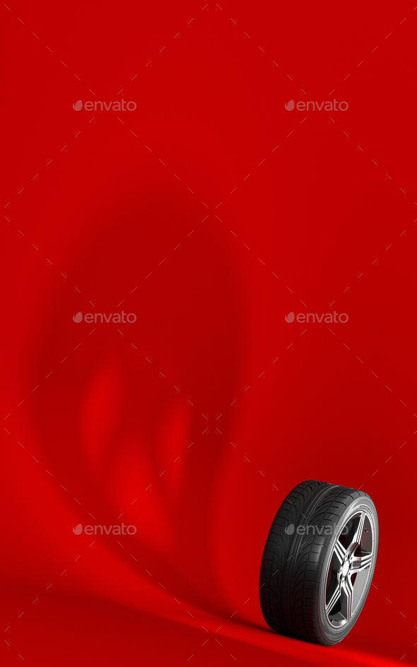 Car wheel isolated on a red background. Tyre. Poster booklet cover ...
