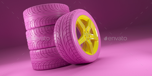 Pink Car wheels set with yellow discs on pink background. Women racing ...