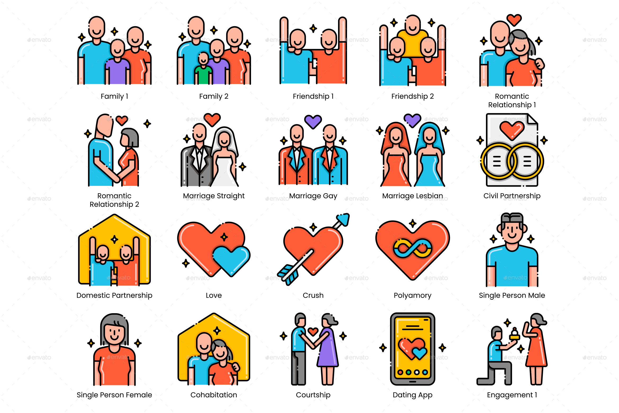 80 Relationships Icons | Aesthetics Series, Icons | GraphicRiver