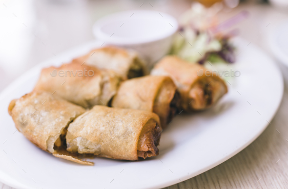 close up on spring rolls plate Stock Photo by oneinchpunchphotos ...