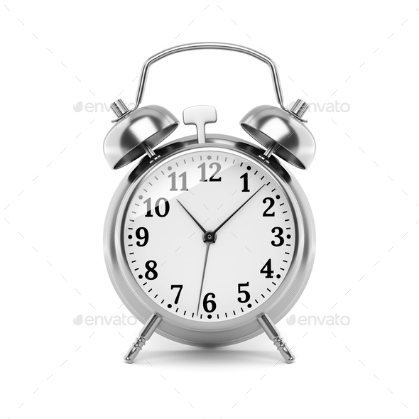 Silver alarm clock isolated on white. 3d rendering. Stock Photo by Ha4ipuri