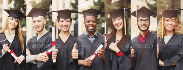 Diverse Graduates Students In Academic Dress Posing Outdoors, Portraits ...