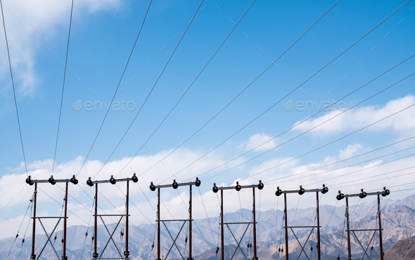 Electric poles and cables with blue sky background in Ladakh city ...