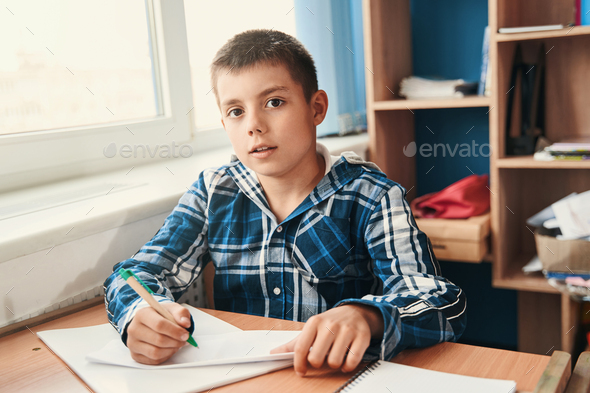 Calm child working hard at the school lesson Stock Photo by svitlanah