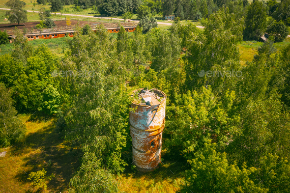 Belarus. Aerial View Of Ruined Water Tower In Chernobyl Zone. Chornobyl ...